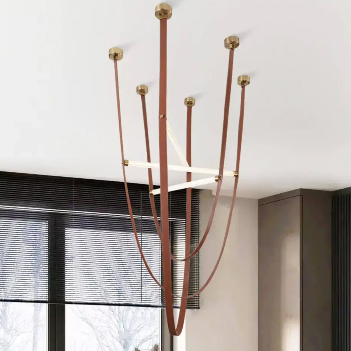Beige Leather Strap Hanging Chandelier Light – Glimmora by Grover Lights